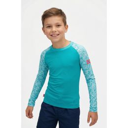 Bade-Shirt Trollkids "GIRLS HAUKLAND SHIRT", Kinder, Gr. 110, N-Gr, schwarz turquoise, lagoon blau, Obermaterial: 92% Polyester, 8% Elasthan, Bikini-Oberteile, k&ouml;rpernaher Schnitt, mit langen &Auml;rmeln, mit Daumenl&ouml;chern