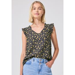 Blusentop STREET ONE STUDIO, Damen, Gr. 34, maritime blau, Stoff, 70% Viskose, 30% Baumwolle, gemustert, klassisch normal, V-Ausschnitt, R&uuml;schen, Blusen Blusentop, mit allover Print