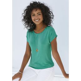Kurzarmshirt Vivance "mit Gummizug im Bund", Damen, Gr. 32/34, gr&uuml;n, Obermaterial: 95% Viskose, 5% Elasthan, unifarben, Basic, bequem normal, Rundhals, angeschnitten, Shirts, Sommershirt aus weichem Viskose-Stretch, Topseller