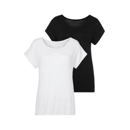 Kurzarmshirt Vivance "mit Gummizug im Bund", Damen, Gr. 32/34, schwarz-wei&szlig; (wei&szlig;, schwarz), Obermaterial: 95% Viskose, 5% Elasthan, unifarben, Basic, figurumspielend normal, Rundhals, angeschnitten, Shirts, Sommershirts aus weichem Viskose-Stretch, Topseller