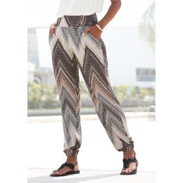 Jerseyhose Lascana "aus angenehmer, leichter Viskose f&uuml;r den Sommer", Damen, Gr. 34, N-Gr, bunt (schwarz, braun, creme bedruckt), Jersey, Obermaterial: 100% Viskose, bedruckt, figurumspielend lang, Hosen Jerseyhose, mit Alloverprint und Taschen, Stretchbund, Strandhose, Sommerhose