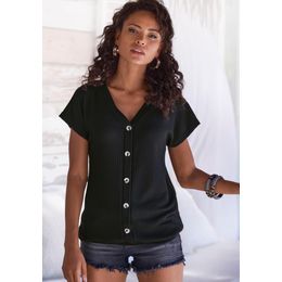 Kurzarmshirt Lascana "mit Zierknopfleiste", Damen, Gr. 32/34, schwarz, Piqu&eacute;, Obermaterial: 69% Polyester (REPREVE), 28% Viskose, 3% Elasthan, unifarben, bequem normal, V-Ausschnitt, Shirts, Sommershirt aus luftiger Piqu&eacute;-Qualit&auml;t, Topseller