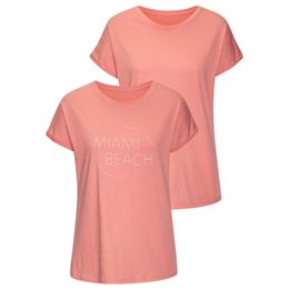 T-Shirt Vivance "mit modischem Frontprint", Damen, Gr. 36/38, orange (peach bedruckt, peach uni), Jersey, Obermaterial: 100% Baumwolle, bedruckt, unifarben, bequem normal, Rundhals, angeschnitten,mit Aufschlag Aufschlag, Shirts T-Shirt, aus luftiger Baumwoll-Qualit&auml;t