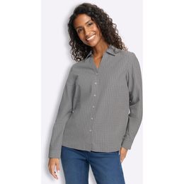Langarmbluse Heine, Damen, Gr. 46, grau, ecru, kariert, 50% Baumwolle, 50% Polyester, gemustert, kariert, mehrfarbig, V-Ausschnitt, Blusen