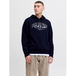 Jack & Jones Kapuzensweatshirt JACK & JONES "JJMAKOTO SWEAT HOOD", Herren, Gr. S, schwarz (sky captain print:big print), angeraute Sweatware, Obermaterial: 80% Baumwolle, 20% Polyester, bedruckt, regular fit normal, Rundhals, Rippb&uuml;ndchen, Sweatshirts