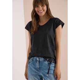 V-Shirt Cecil, Damen, Gr. L (42), schwarz, Web, 80% Baumwolle, 20% Polyester, gestreift, comfort fit normal, V-Ausschnitt, normaler Saum, Shirts, mit Cut-Out Detail