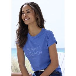 T-Shirt Vivance "mit modischem Frontprint", Damen, Gr. 40/42, blau, Jersey, Obermaterial: 100% Baumwolle, bedruckt, bequem normal, Rundhals, angeschnitten,mit Aufschlag Aufschlag, Shirts T-Shirt, aus luftiger Baumwoll-Qualit&auml;t