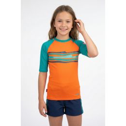 Bade-Shirt Trollkids "KIDS HAUKLAND T", Kinder, Gr. 152, N-Gr, bright orange, lake blau, Obermaterial: 92% Polyester, 8% Elasthan, Bikini-Oberteile, k&ouml;rpernaher Schnitt, kurze &Auml;rmel, mit Lichtschutzfaktor 50+