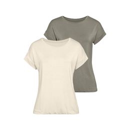Kurzarmshirt Vivance "mit Gummizug im Bund", Damen, Gr. 40/42, beige (beige, khaki), Obermaterial: 95% Viskose, 5% Elasthan, unifarben, Basic, figurumspielend normal, Rundhals, angeschnitten, Shirts, Sommershirts aus weichem Viskose-Stretch, Topseller