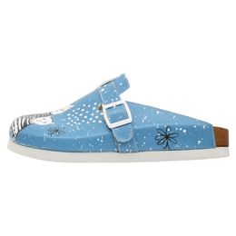Hausschuh DOGO "Comfie Pantoletten Hausschuhe Family Portrait Damen Sandalen", Damen, Gr. 40, Normalschaft, blau, Lederimitat, Schuhe Hausschuh, Handgefertigt