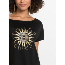 T-Shirt bonprix "Shirt mit Metallic-Druck", Damen, Gr. 36/38 (S), schwarz (schwarz bedruckt), Jersey, Obermaterial: 100% Polyester, bedruckt, loose fit h&uuml;ftbedeckend, Rundhals, Shirts T-Shirt, lockere Passform, Kurzarm-Design, aus Polyester, mit Metallic-Druck