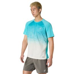 Laufshirt asics "ROAD FADE SS TOP", Herren, Gr. L, energy aqua, Obermaterial: 100% Polyester, Shirts Laufshirt, Kurzarm, f&uuml;r Erwachsene, mit Grafik-Print, mit Mesh-Eins&auml;tzen