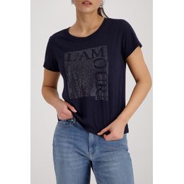 T-Shirt monari "Shirt Basic Schmuck", Damen, Gr. 36, marine, Jersey, Obermaterial: 50% Baumwolle, 50% Modal, unifarben, regular fit normal, Rundhals, abgesteppte Kante, Shirts T-Shirt, Flammgarn-Struktur, Strasssteine, Regular Fit
