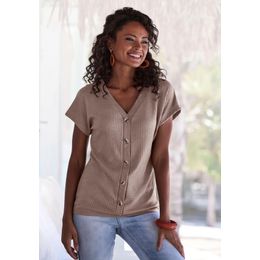 Kurzarmshirt Lascana "mit Zierknopfleiste", Damen, Gr. 32/34, grau (taupe), Piqu&eacute;, Obermaterial: 69% Polyester (REPREVE), 28% Viskose, 3% Elasthan, unifarben, bequem normal, V-Ausschnitt, Shirts, Sommershirt aus luftiger Piqu&eacute;-Qualit&auml;t, Topseller