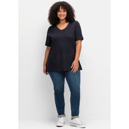 sheego Gro&szlig;e Gr&ouml;&szlig;en T-Shirt mit Lochstickerei, tiefblau, Gr&ouml;&szlig;e 52/54 - Damen