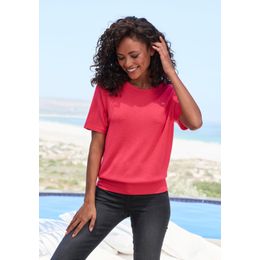 Kurzarmshirt Vivance "mit breitem Bund", Damen, Gr. 32/34, rot (korallenrot), Feinstrick, Obermaterial: 55% Polyester (REPREVE), 43% Viskose, 2% Elasthan, meliert, bequem normal, Rundhals, Shirts, aus luftigem Viskose-Feinstrick, Topseller