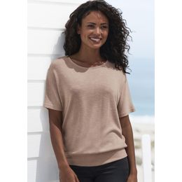 Kurzarmshirt Vivance "mit breitem Bund", Damen, Gr. 32/34, beige, Feinstrick, Obermaterial: 55% Polyester (REPREVE), 43% Viskose, 2% Elasthan, meliert, bequem normal, Rundhals, Shirts, aus luftigem Viskose-Feinstrick, Topseller