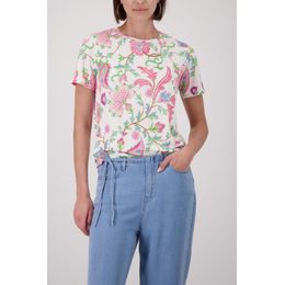 T-Shirt monari "Shirt Blumendruck allover", Damen, Gr. 36, bunt (beige gem), Web, Obermaterial: 95% Viskose, 5% Elasthan, gemustert, regular fit taillenbedeckt, Rundhals, eingesetzt abgesteppte Kante, Shirts T-Shirt, Regular fit mit Blumenmuster