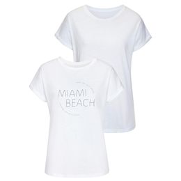 T-Shirt Vivance "mit modischem Frontprint", Damen, Gr. 32/34, wei&szlig;, Jersey, Obermaterial: 100% Baumwolle, bedruckt, unifarben, bequem normal, Rundhals, angeschnitten,mit Aufschlag Aufschlag, Shirts T-Shirt, aus luftiger Baumwoll-Qualit&auml;t