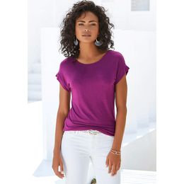 Kurzarmshirt Vivance "mit Gummizug im Bund", Damen, Gr. 32/34, lila, Obermaterial: 95% Viskose, 5% Elasthan, unifarben, Basic, bequem normal, Rundhals, angeschnitten, Shirts, Sommershirt aus weichem Viskose-Stretch, Topseller