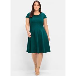 Cocktailkleid sheego "Cocktailkleid", Damen, Gr. 42, Normalgr&ouml;&szlig;en, gr&uuml;n (tiefgr&uuml;n), 97% Baumwolle, 3% Elasthan, unifarben, knielang, Rundhals, Kleider