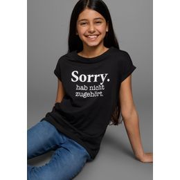 T-Shirt Kidsworld "Sorry. hab nicht zugeh&ouml;rt.", M&auml;dchen, Gr. 140/146, schwarz, Single Jersey, Obermaterial: 100% Baumwolle, bedruckt, weit Po-bedeckend, Rundhals, Aufschlag, Shirts T-Shirt, Kurzarm, bedruckt, Rundhalsausschnitt, aus Baumwolle