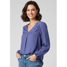 Schlupfbluse DELMAO, Damen, Gr. 38, blau, Web, Obermaterial: 100% Viskose, unifarben, figurumspielend, V-Ausschnitt, eingesetzt elastischer Bund mit Gummizug, Blusen Schlupfbluse, femininer Stil, Langarm, aus Viskose, mit V-Ausschnitt
