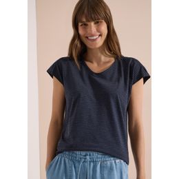 V-Shirt Cecil, Damen, Gr. L (42), universal blau, Web, 80% Baumwolle, 20% Polyester, gestreift, comfort fit normal, V-Ausschnitt, normaler Saum, Shirts, mit Cut-Out Detail