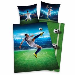 Herding Jugendbettw&auml;sche Fu&szlig;ball, Mehrfarbig, Textil, Fu&szlig;ball, 135x200 cm, Oeko-Tex&reg; Standard 100, Textiles Vertrauen - Oeko-Tex&reg;, saugf&auml;hig, schadstoffgepr&uuml;ft, 100% feinster Baumwollsatin mit Seiden-Finish, weiche und anschmiegsame Oberfl&auml;che, hautfreundlich, atmungsaktiv, pflegeleicht, angenehm w&auml;rmend, Schlaftextilien, Bettw&auml;sche, Kinderbettw&auml;sche