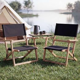 2er-Set Bambus Campingstuhl MCW-Q42, Gartenstuhl Balkonstuhl Freizeitstuhl klappbar Outdoor Stoff/Textil ~ schwarz