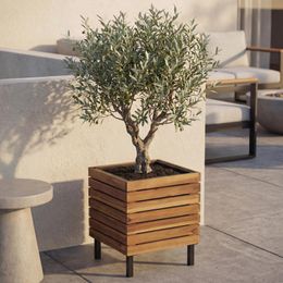 Pflanzkasten MCW-P84, Blumenkasten quadratisch Outdoor Stahl Akazie 43x33x33cm MVG-zertifiziert ~ braun