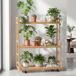 Bambus Pflanzenregal MCW-Q33, Blumentreppe Blumenst&auml;nder Pflanzentreppe, 3 Ablagen Rollen 105x90x38cm ~ natur