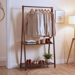 Bambus Standgarderobe MCW-Q32, Garderobenst&auml;nder Kleiderst&auml;nder Schuhregal, Stange 2 Ablagen 130x70x44cm ~ braun