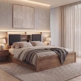 Queen Size Bett MCW-P43, Doppelbett Bettgestell mit Lattenrost, MDF 160x200cm ~ Wotan-Eiche-Optik, wei&szlig;