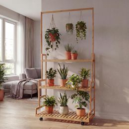 Bambus Pflanzenregal MCW-Q33, Blumentreppe Blumenst&auml;nder Pflanzentreppe, Stange 3 Ablagen Rollen 175x93x38cm ~ natur