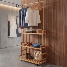 Bambus Standgarderobe MCW-Q33, Garderobenst&auml;nder Kleiderst&auml;nder Schuhregal, Stange 3 Ablagen Rollen 175x93x38cm ~ natur