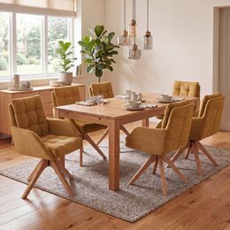 6er-Set Esszimmerstuhl MCW-Q36, K&uuml;chenstuhl Stuhl, drehbar Stoff Chenille (680g/m&sup2;) &Ouml;ko-Tex Holz MVG ~ senfgelb