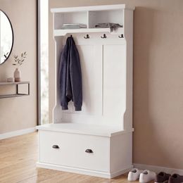 Garderobe MCW-P27, Flurgarderobe Holzgarderobe Sitzbank, 4 Haken Staufach Ablage Melamin 163x100x47cm ~ wei&szlig;