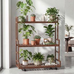 Bambus Pflanzenregal MCW-Q33, Blumentreppe Blumenst&auml;nder Pflanzentreppe, 3 Ablagen Rollen 105x90x38cm ~ braun