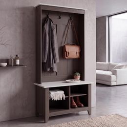 Garderobe MCW-P28, Standgarderobe Schuhregal Sitzbank, 3 Haken 4 Stauf&auml;cher Melamin 170x76x39cm ~ Walnuss-Optik, beige