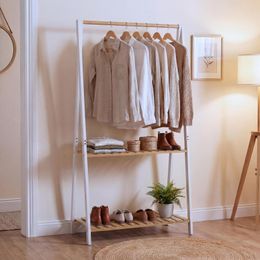 Bambus Standgarderobe MCW-Q32, Garderobenst&auml;nder Kleiderst&auml;nder Schuhregal, Stange 2 Ablagen 130x70x44cm ~ natur-wei&szlig;