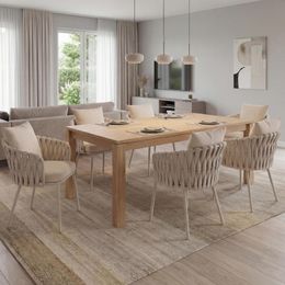 6er-Set Aluminium-Esszimmerstuhl MCW-P89, Indoor Stuhl Armlehne, Stoff/Textil (180 g/m&sup2;) Seilgeflecht Rope ~ creme