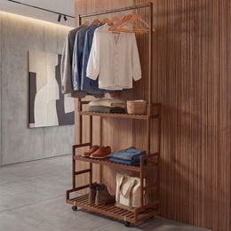 Bambus Standgarderobe MCW-Q33, Garderobenst&auml;nder Kleiderst&auml;nder Schuhregal, Stange 3 Ablagen Rollen 175x93x38cm ~ braun