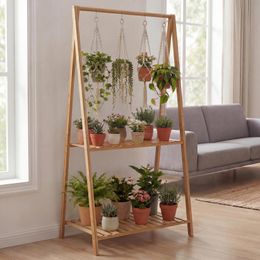 Bambus Pflanzenregal MCW-Q32, Blumentreppe Pflanzentreppe Badregal, Stange 2 Ablagen 130x70x44cm ~ natur