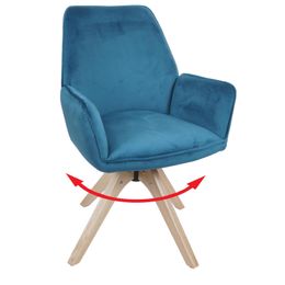 Esszimmerstuhl MCW-G67, Esstischstuhl K&uuml;chenstuhl Stuhl mit Armlehne, drehbar Holz Samt 320 g/m&sup2; MVG ~ t&uuml;rkis-blau