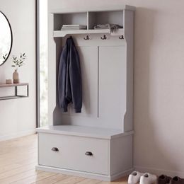 Garderobe MCW-P27, Flurgarderobe Holzgarderobe Sitzbank, 4 Haken Staufach Ablage Melamin 163x100x47cm ~ hellgrau