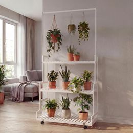 Bambus Pflanzenregal MCW-Q33, Blumentreppe Blumenst&auml;nder Pflanzentreppe, Stange 3 Ablagen Rollen 175x93x38cm ~ wei&szlig;