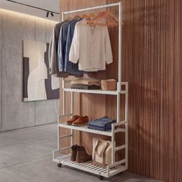 Bambus Standgarderobe MCW-Q33, Garderobenst&auml;nder Kleiderst&auml;nder Schuhregal, Stange 3 Ablagen Rollen 175x93x38cm ~ wei&szlig;
