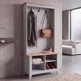 Garderobe MCW-P28, Standgarderobe Schuhregal Sitzbank, 3 Haken 4 Stauf&auml;cher Melamin 170x76x39cm ~ hellgrau, natur