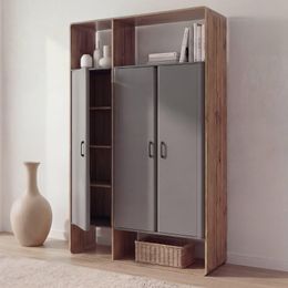 Schrank MCW-P43, Garderobenschrank Kleiderschrank Highboard 3 T&uuml;ren MDF 200x120x55cm ~ Rivera-Eiche-Optik, dunkelgrau